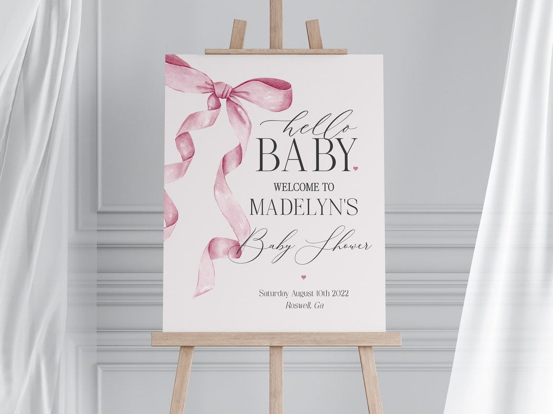 Pink Bow Baby Shower Welcome Sign Printable Template, Watercolor Preppy ...