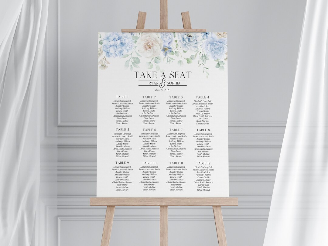 Blue Floral Wedding Seating Chart Printable Template, Something Blue ...
