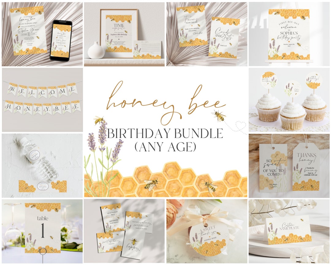 Honey Bee Birthday Bundle Printable Template, Gender Neutral 1st Bee ...