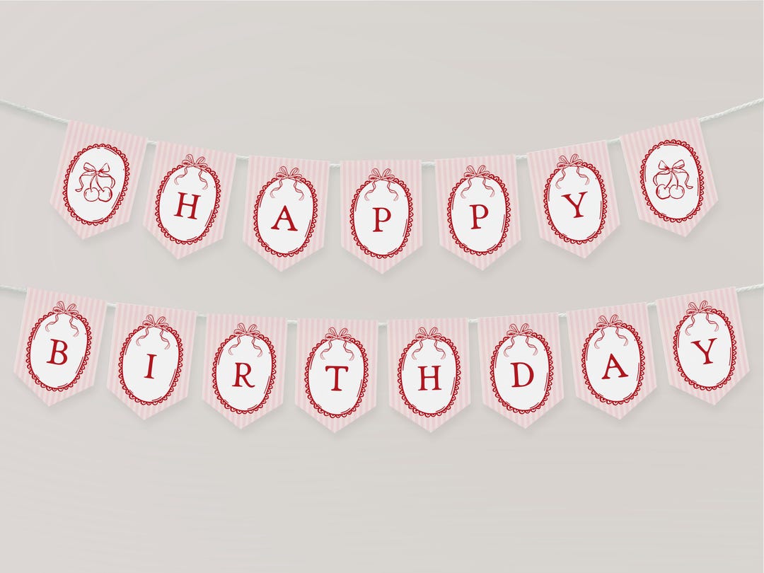 Pink Cherry Coquette Bow Birthday Banner Template, Retro Cherry on Top ...