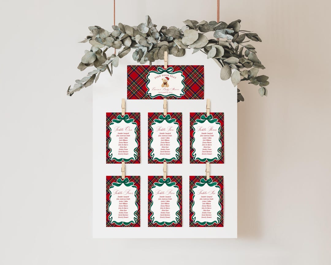 Red Tartan Plaid Christmas Bear Seating Chart Cards Template, We Can ...