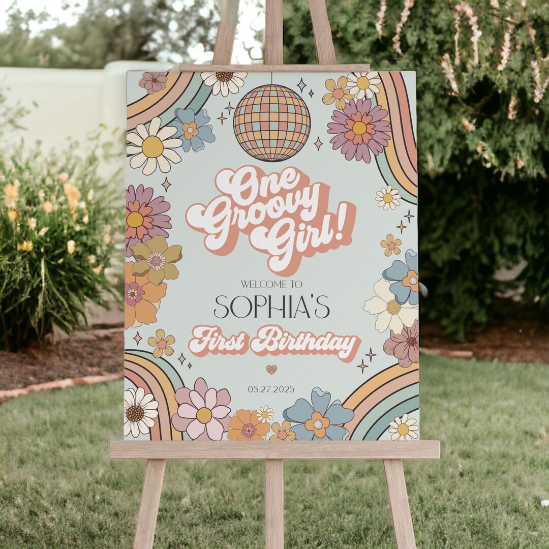 Groovy Floral 1st Birthday Welcome Sign Template, Retro 70s Birthday ...