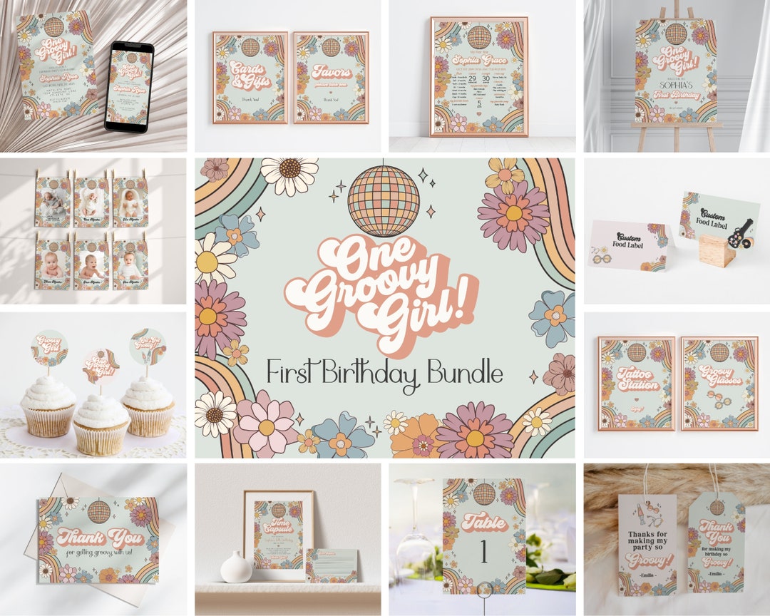 Groovy Floral First Birthday Party Bundle Printable Template, One ...