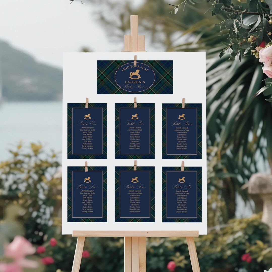 Classic Rocking Horse Seating Chart Cards Template, Blue Tartan Plaid ...