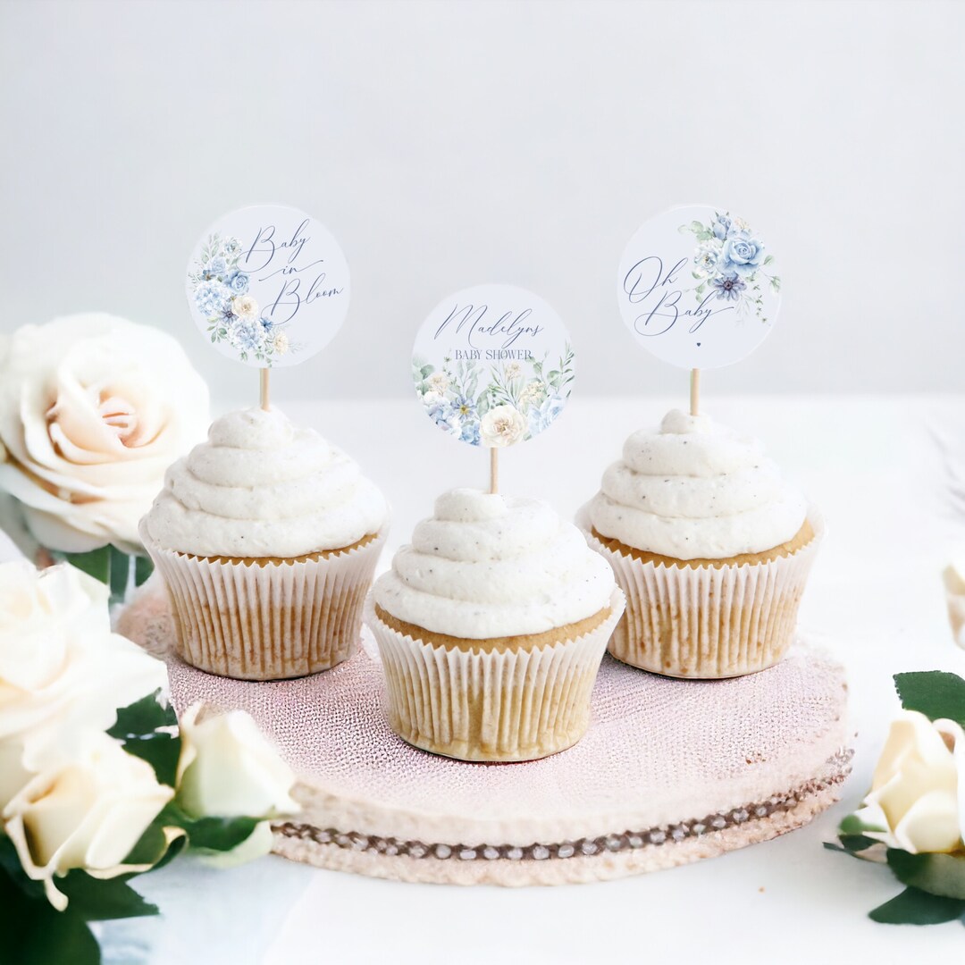 Blue Floral Baby Shower Cupcake Toppers Printable Template, Blue Baby ...
