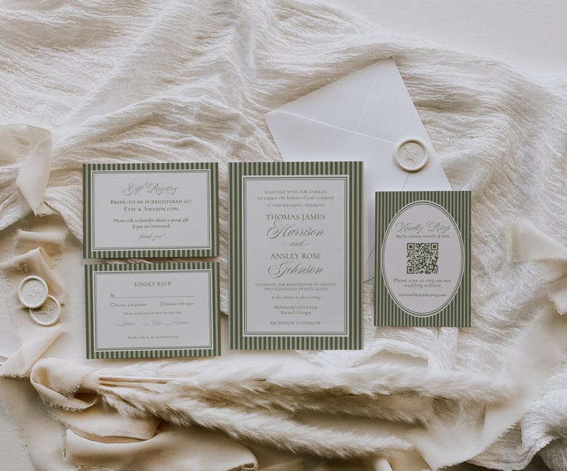 Martini Striped Wedding Invitation Template, Olive Green Old Money ...