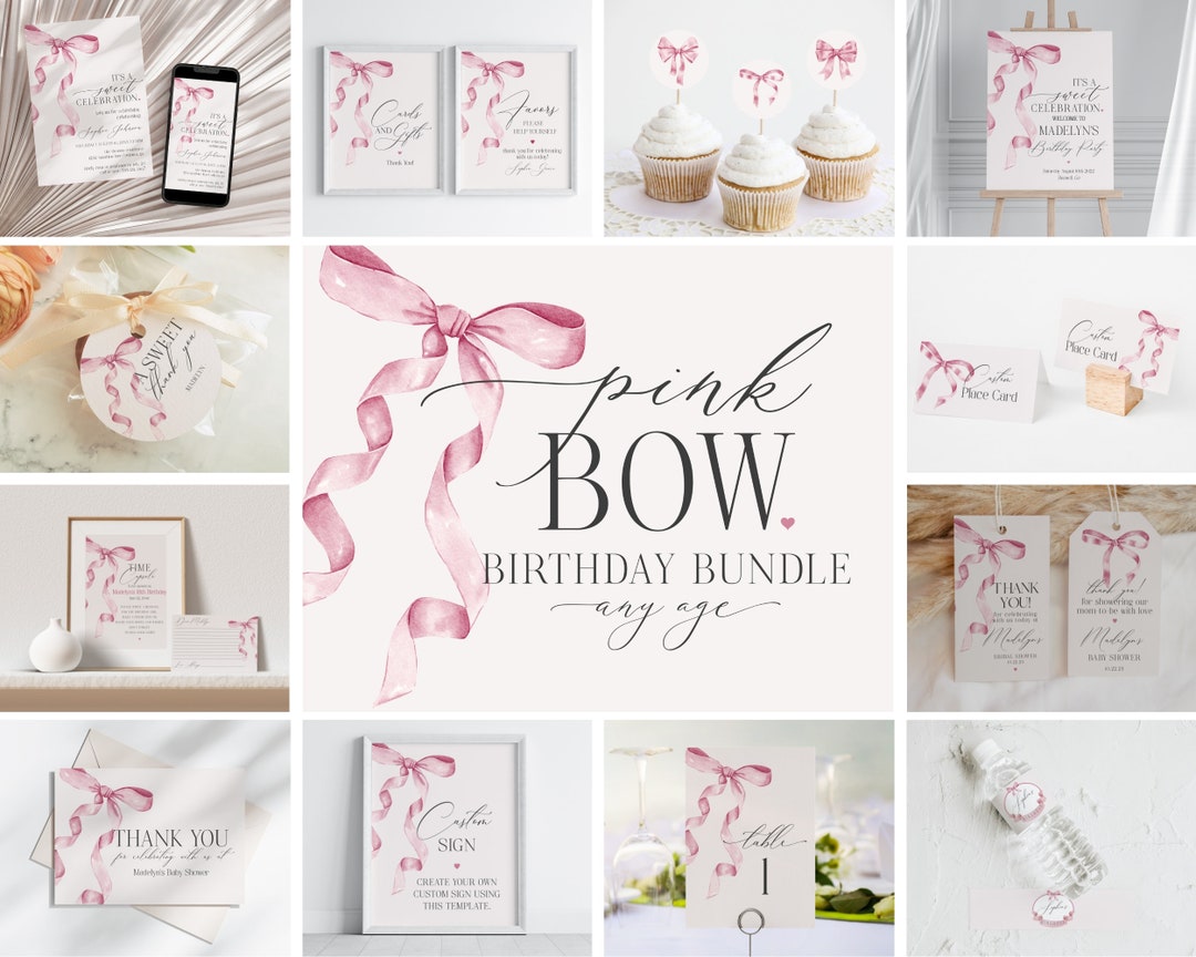 Pink Bow Birthday Bundle Printable Template, Watercolor Preppy Coquette ...