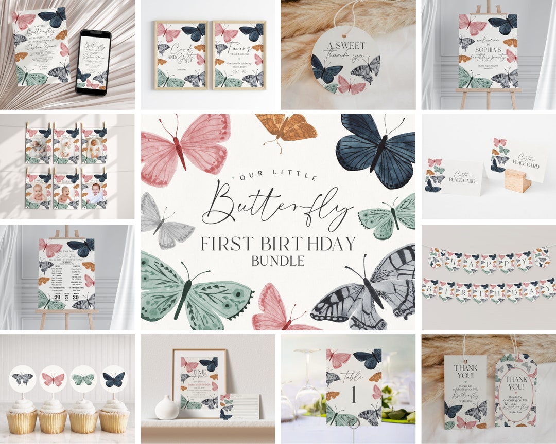 Butterfly First Birthday Party Bundle Template, Flutter on Over 1st ...