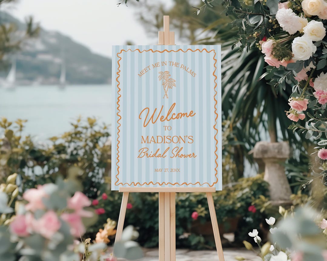 Blue Palm Springs Bridal Shower Welcome Template, Rvintage Palm Tree ...