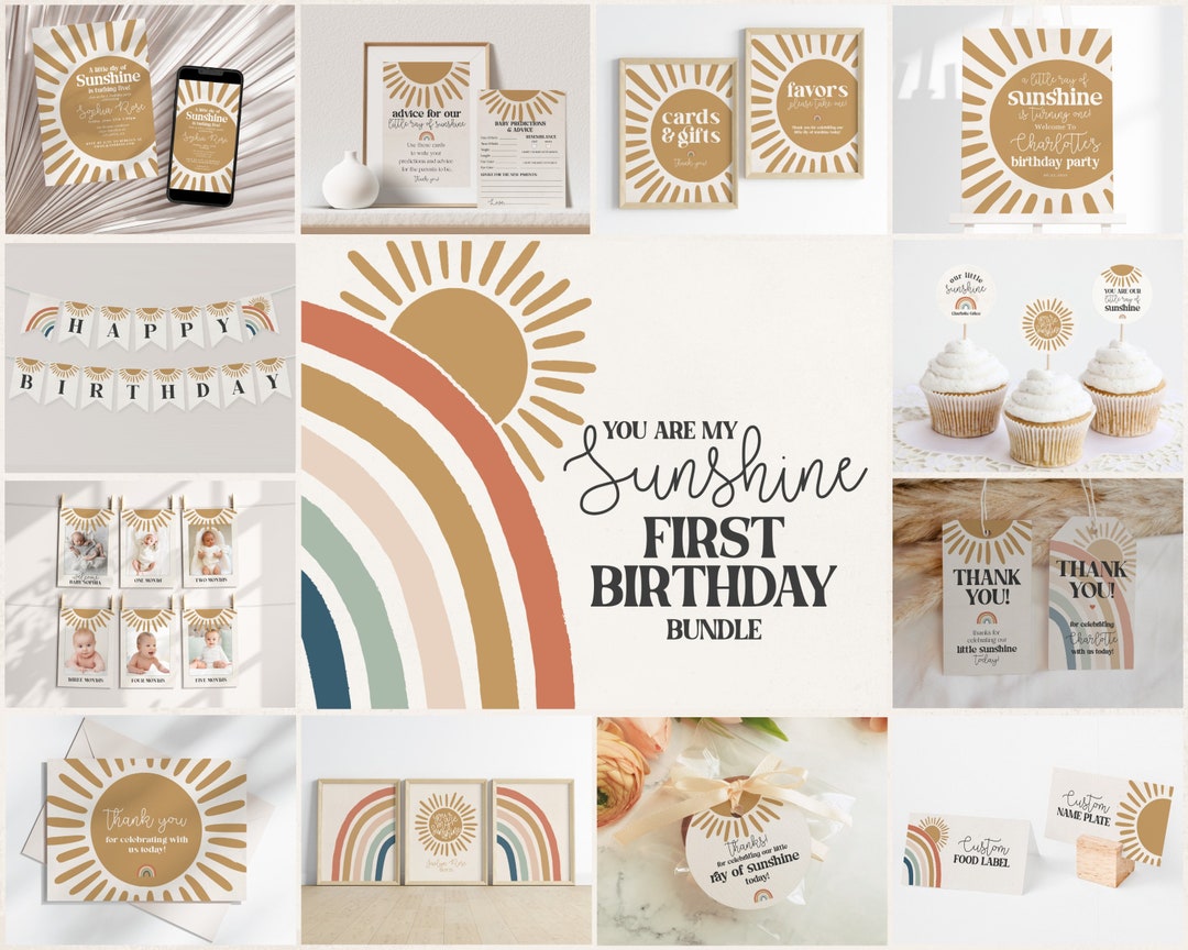 You Are My Sunshine Boho Rainbow First Birthday Party Bundle Printable ...
