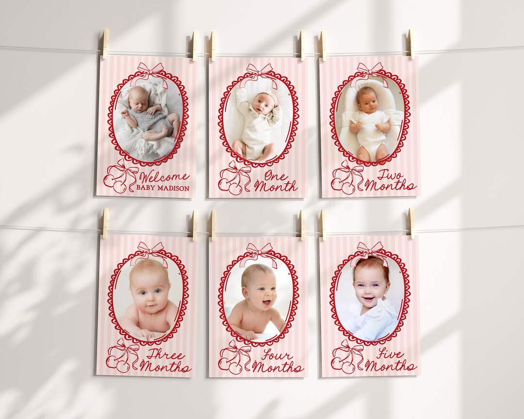 Cherry First Birthday Milestone Banner, Coquette Bow Monthly Banner ...