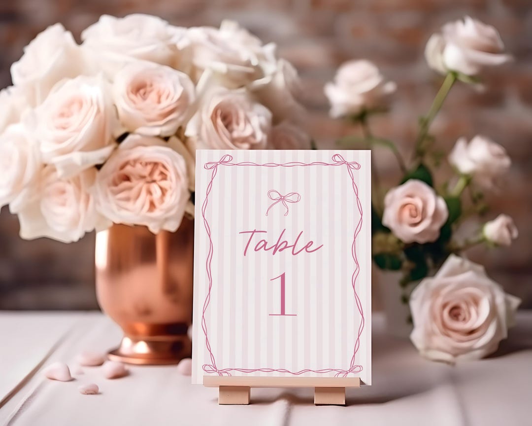 Pink Coquette Bow Table Number Cards Template, Pastel Pink Baby Shower ...