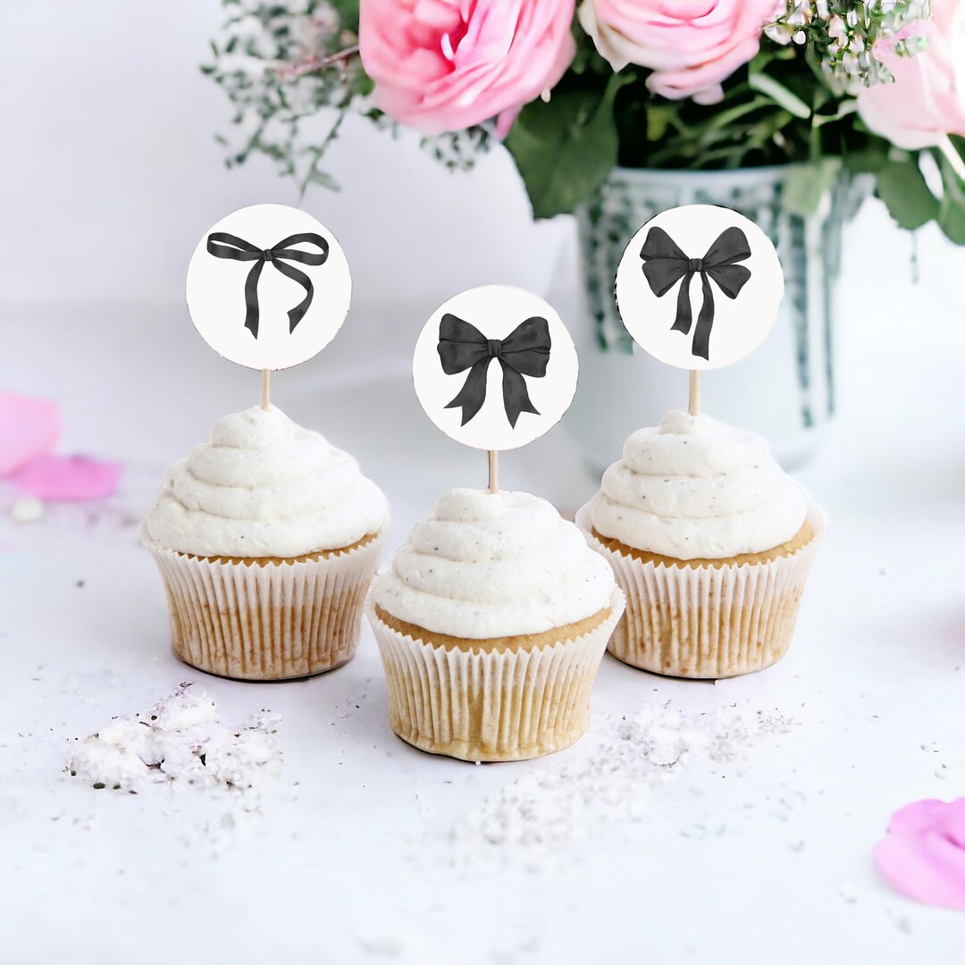 Black Bow Cupcake Toppers Printable for Baby Sprinkle Birthday or ...