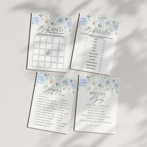 Blue Floral Baby Shower Games Set Printable Template, Blue Baby in ...