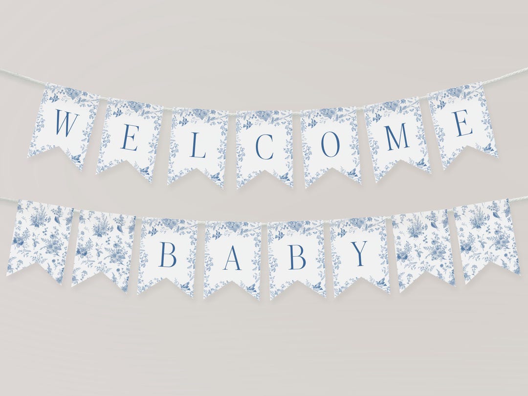 Blue Toile De Jouy Baby Shower Banner Printable Template, Baby in Bloom ...