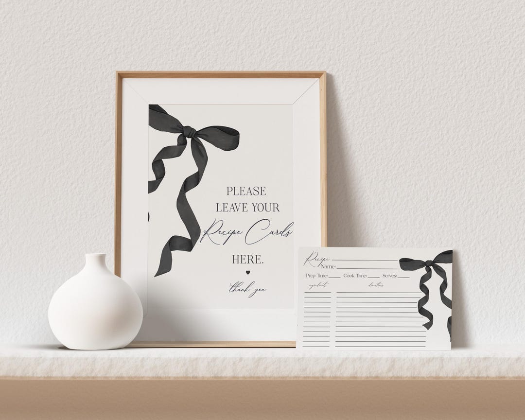 Black Bow Recipe Card Printable Template for Bridal Shower, Preppy ...