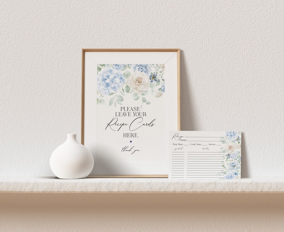 Blue Floral Recipe Card Printable Template for Bridal Shower, Something ...