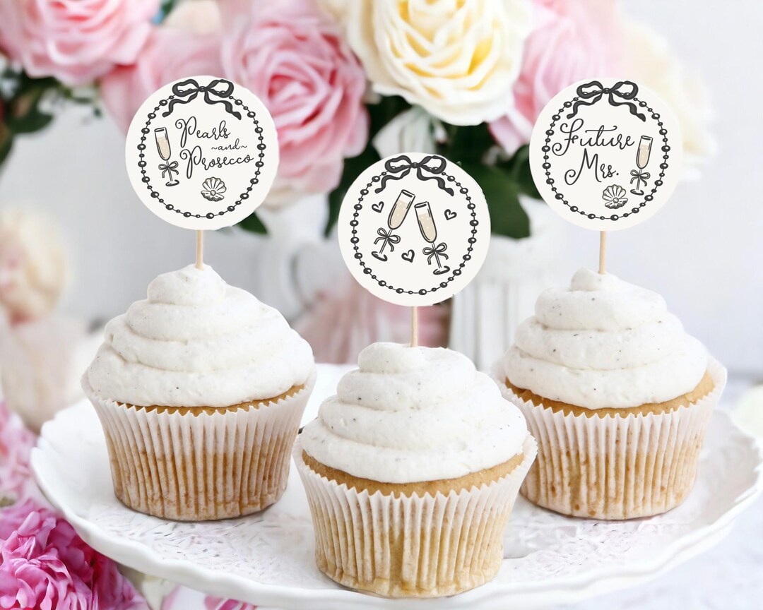 French Theme Pearls and Prosecco Bridal Shower Cupcake Toppers ...