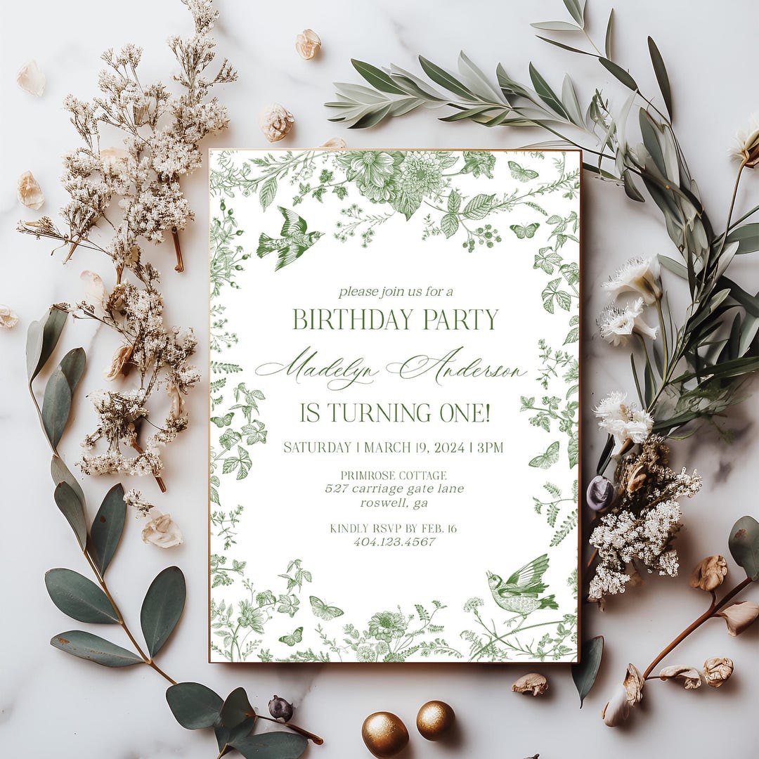 Green Toile De Jouy Birthday Invitation: Chinoiserie Wildflower Party ...