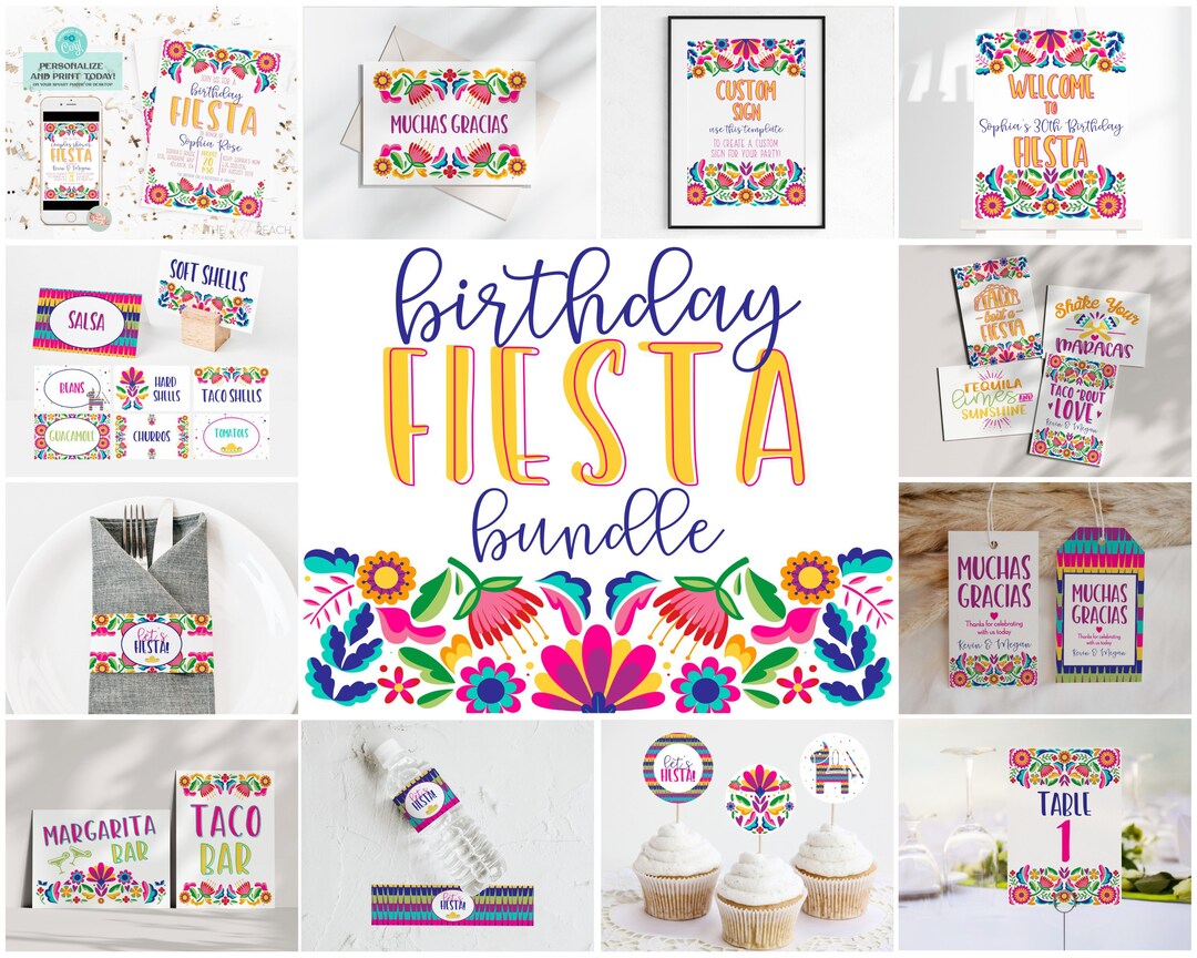 Fiesta Birthday Party Bundle Printable Template, Mexican Flowers ...