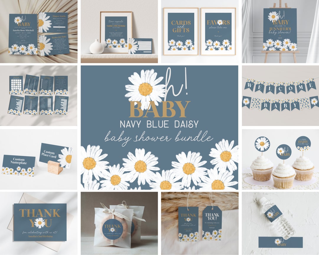 Navy Blue Daisy Oh Baby Shower Bundle Template, Digital Files for Baby ...