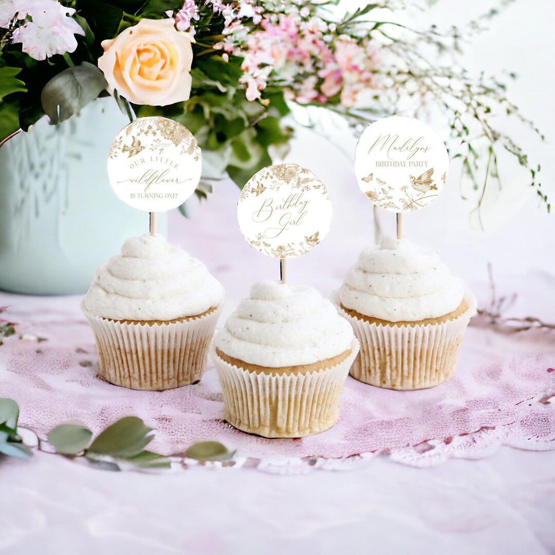 Gold Toile De Jouy Birthday Cupcake Toppers Printable Template, Vintage ...