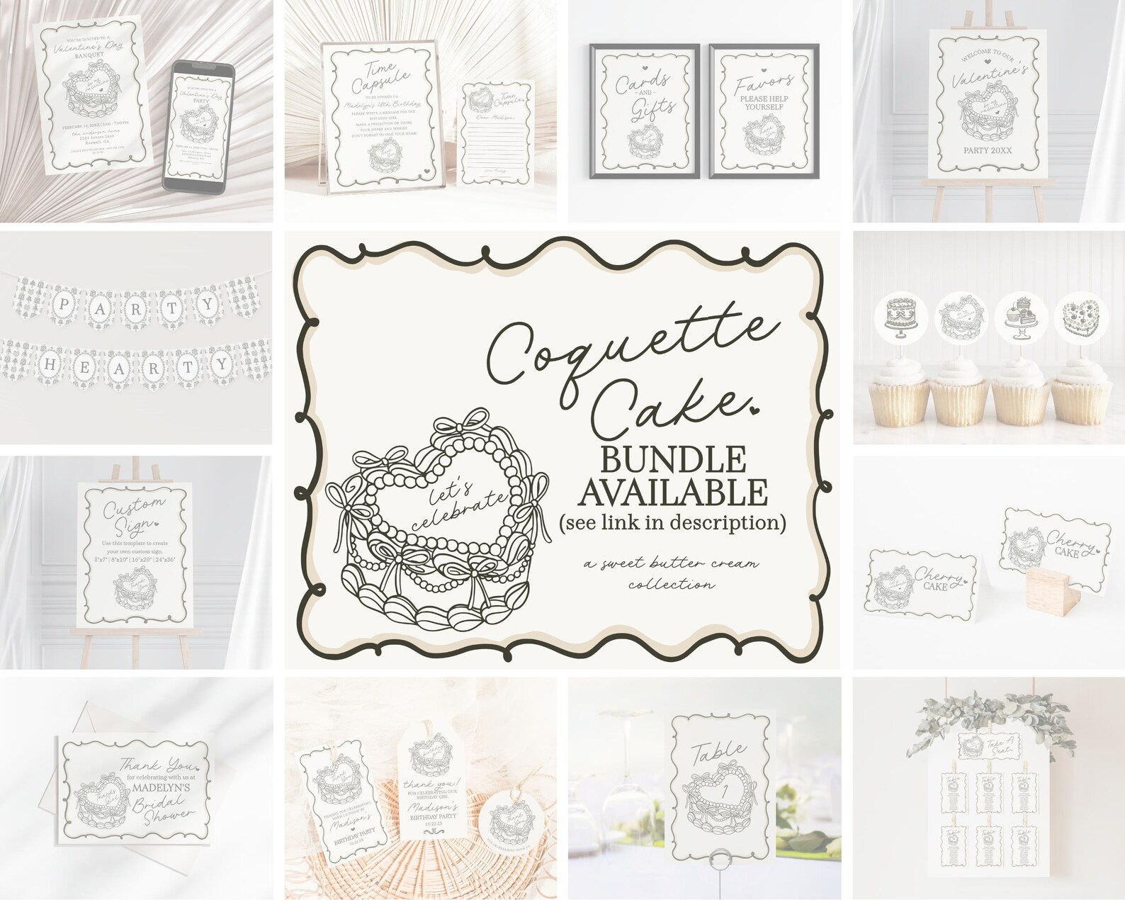 Beige Coquette Heart Cake Birthday Invitation Printable Template ...
