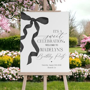 Black Bow Birthday Welcome Sign Printable Template, Watercolor Preppy ...