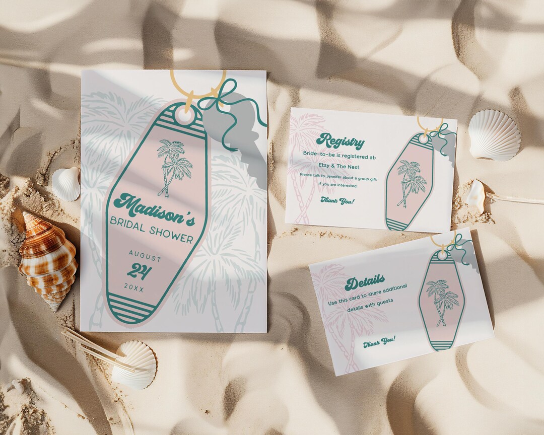 Pink Resort Key Bridal Shower Invitation Template, Vintage Motel ...