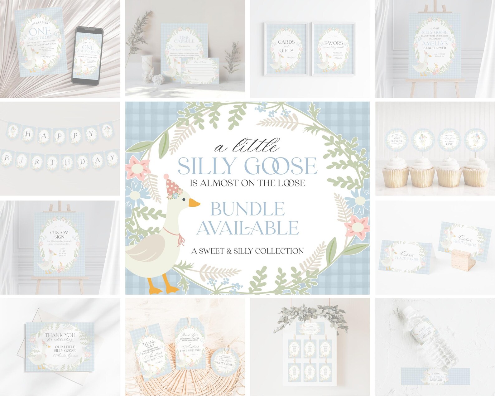 Blue Floral Silly Goose First Birthday Invitation Printable Template ...