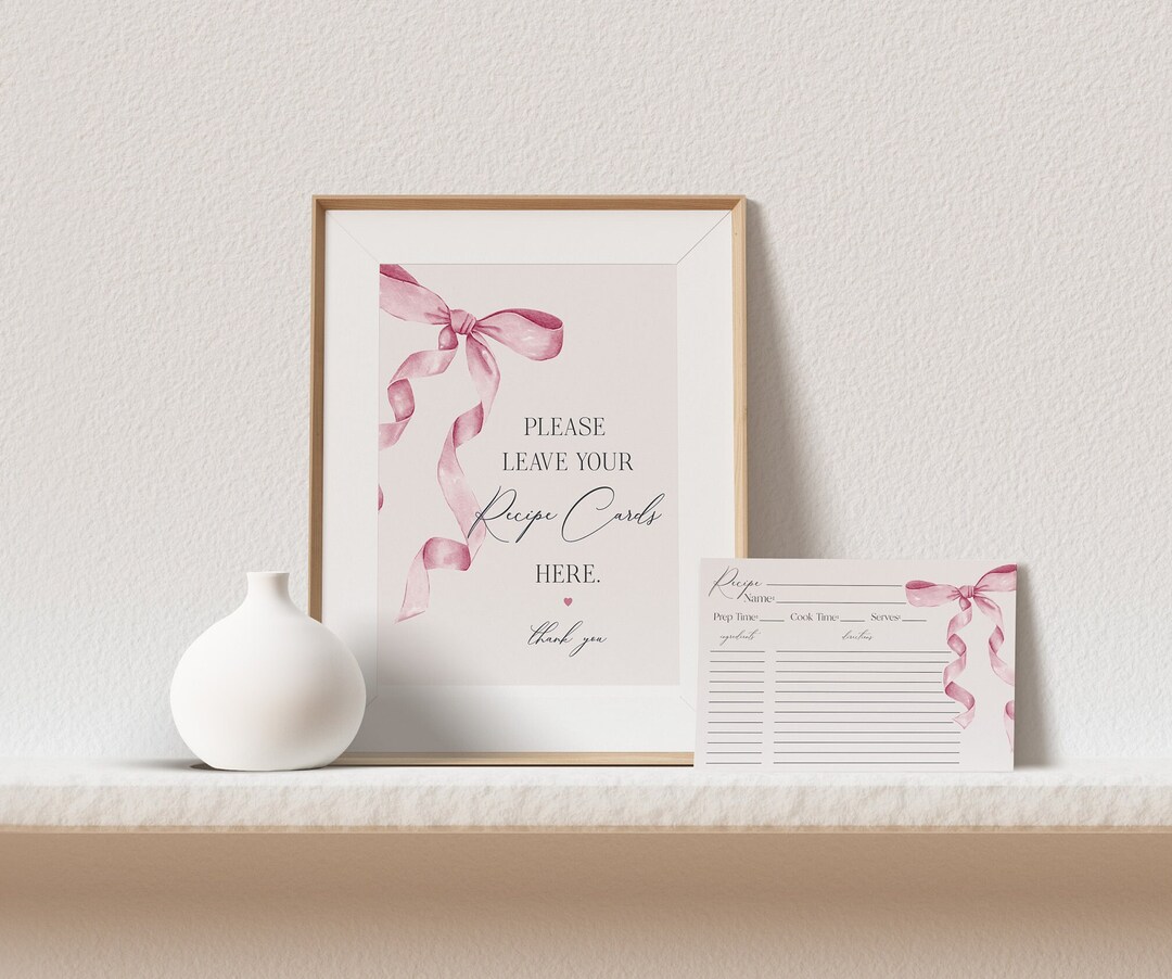 Pink Bow Recipe Card Printable Template for Bridal Shower, Watercolor ...