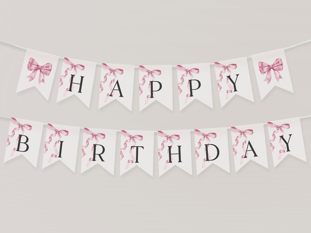 Pink Bow Birthday Banner Printable Template, Watercolor Preppy Coquette ...