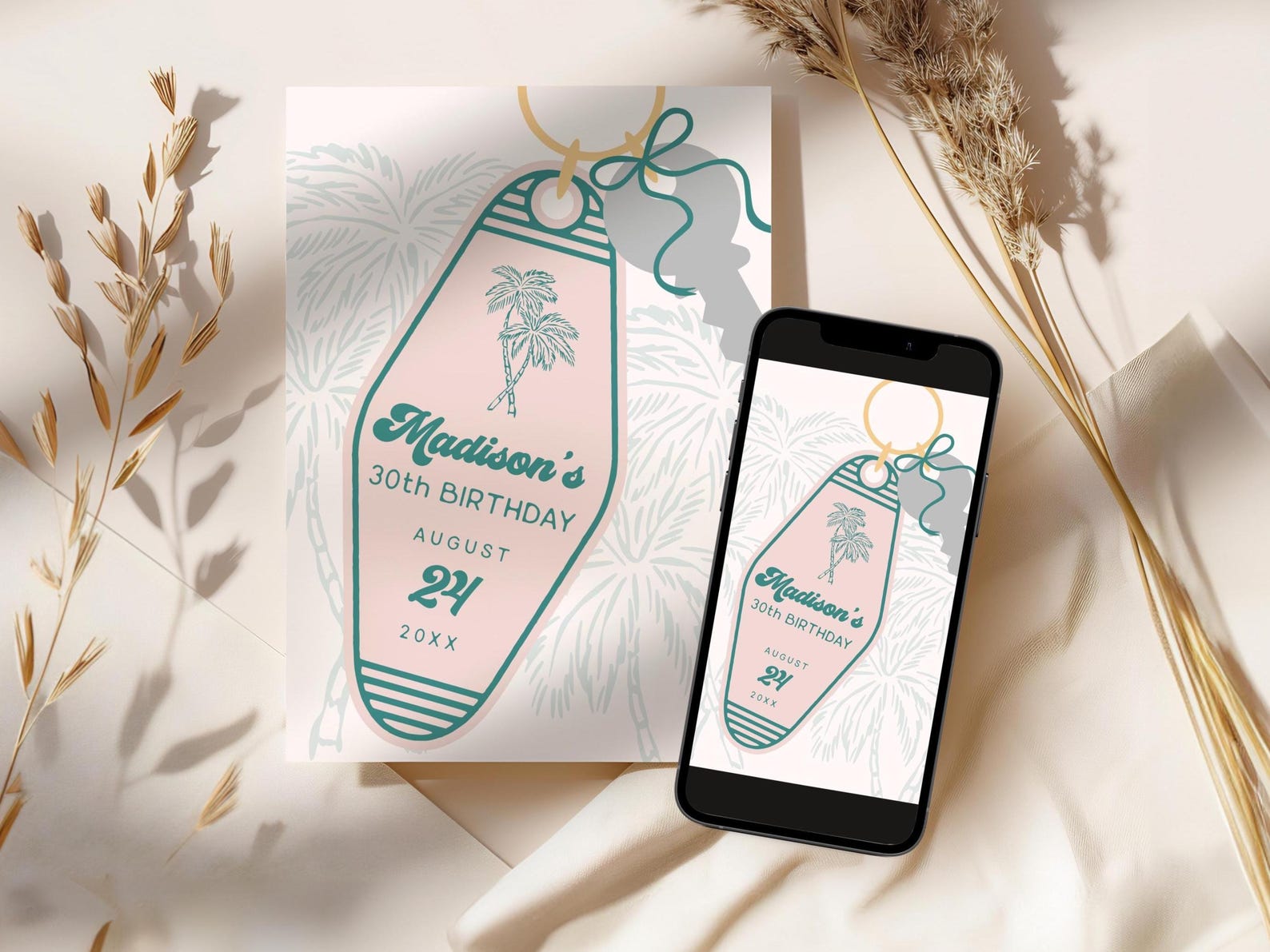 Pink Retro Resort Key Birthday Invitation Template, Vintage Motel ...