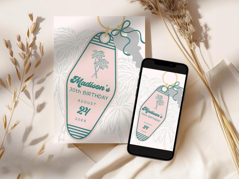 Pink Retro Resort Key Birthday Invitation Template, Vintage Motel ...