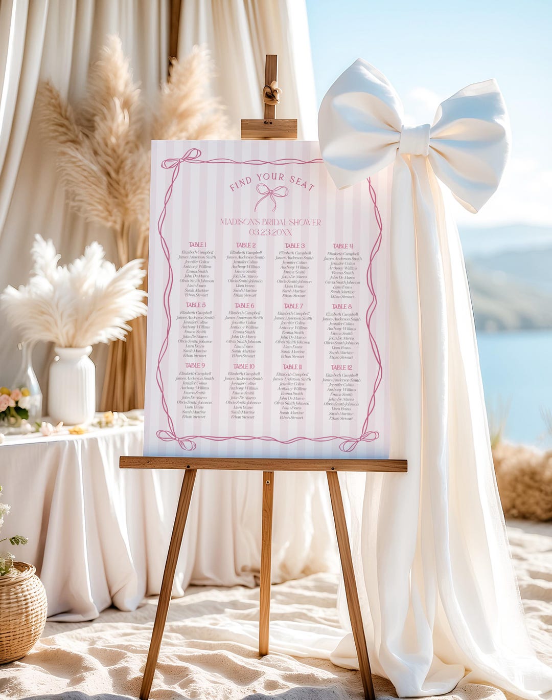 Pink Coquette Bow Seating Chart Template, Pastel Pink Baby Shower Theme ...