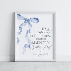 Blue Bow Birthday Welcome Sign Printable Template, Fancy Coquette Bow ...