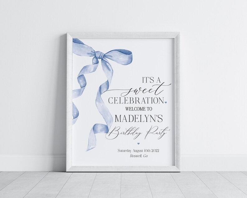 Blue Bow Birthday Welcome Sign Printable Template, Fancy Coquette Bow ...