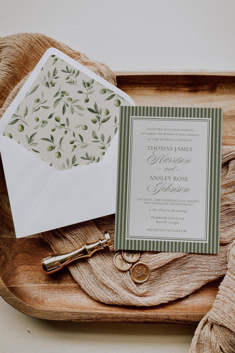 Martini Striped Wedding Invitation Template, Olive Green Old Money ...