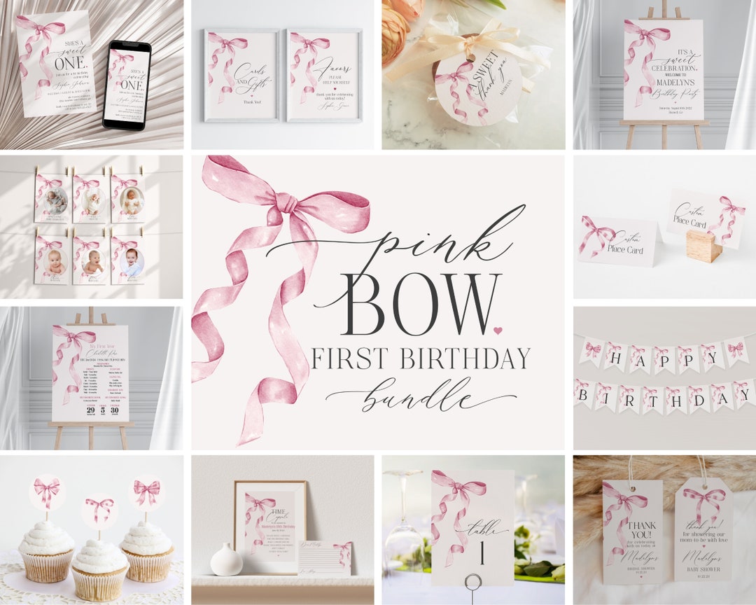 Pink Bow First Birthday Bundle Printable Template, Watercolor Preppy ...