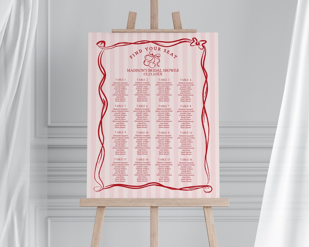 Pink Cherry Coquette Bow Seating Chart Poster Template, Cherry on Top ...