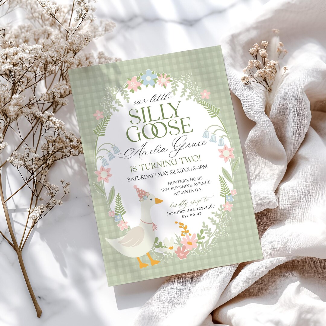 Green Floral Silly Goose Birthday Invitation Printable Template, Little ...