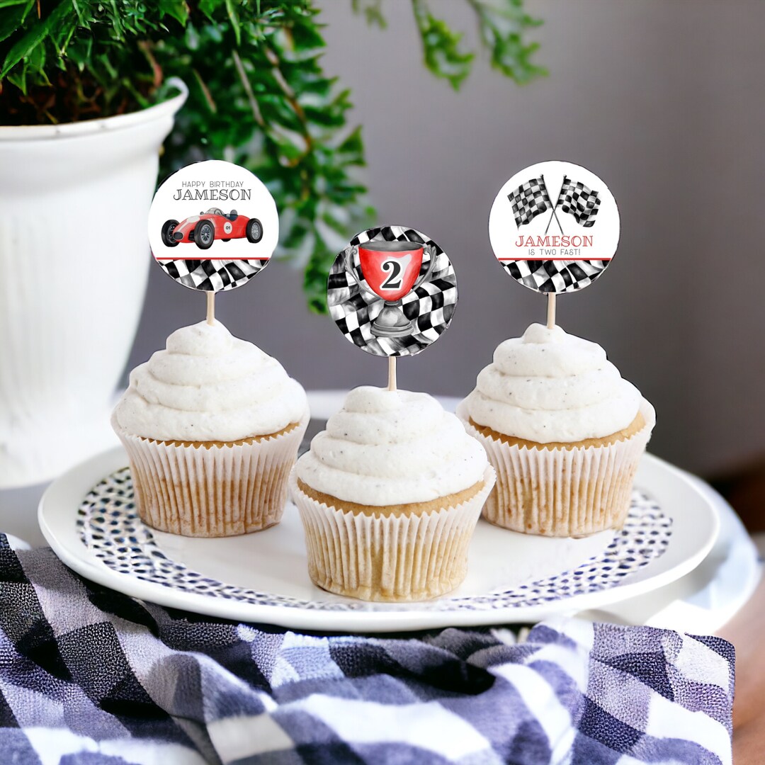 Red Race Car TWO Fast 2nd Birthday Cupcake Toppers Printable Template ...