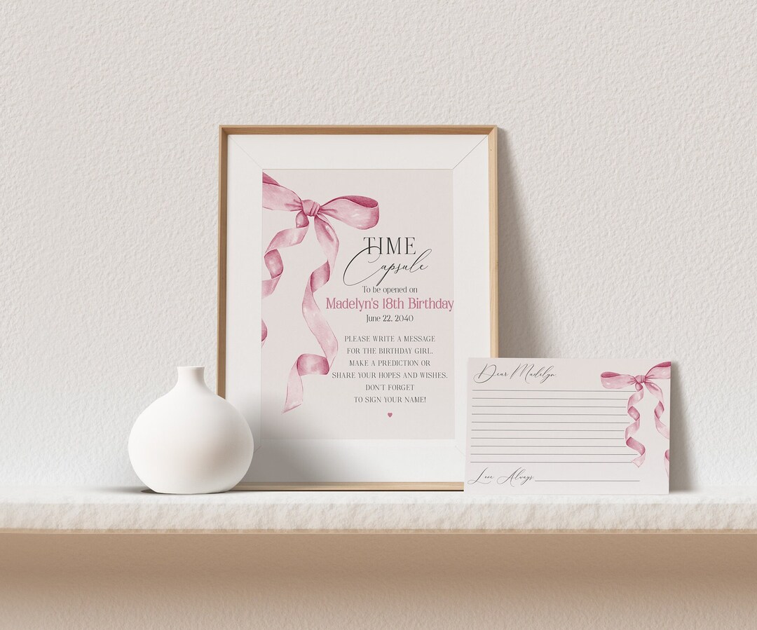 Pink Bow Time Capsule Printable Template, Watercolor Preppy Coquette ...