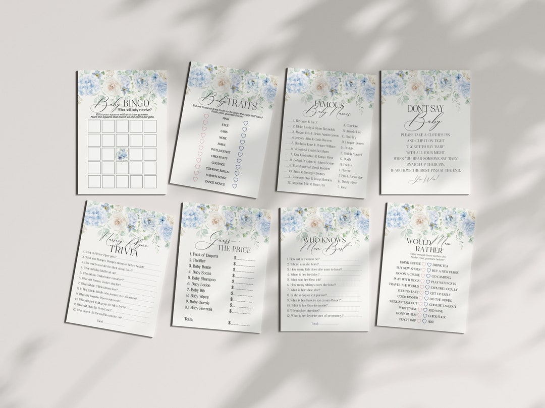 Blue Floral Baby Shower Games Set Printable Template, Blue Baby in ...