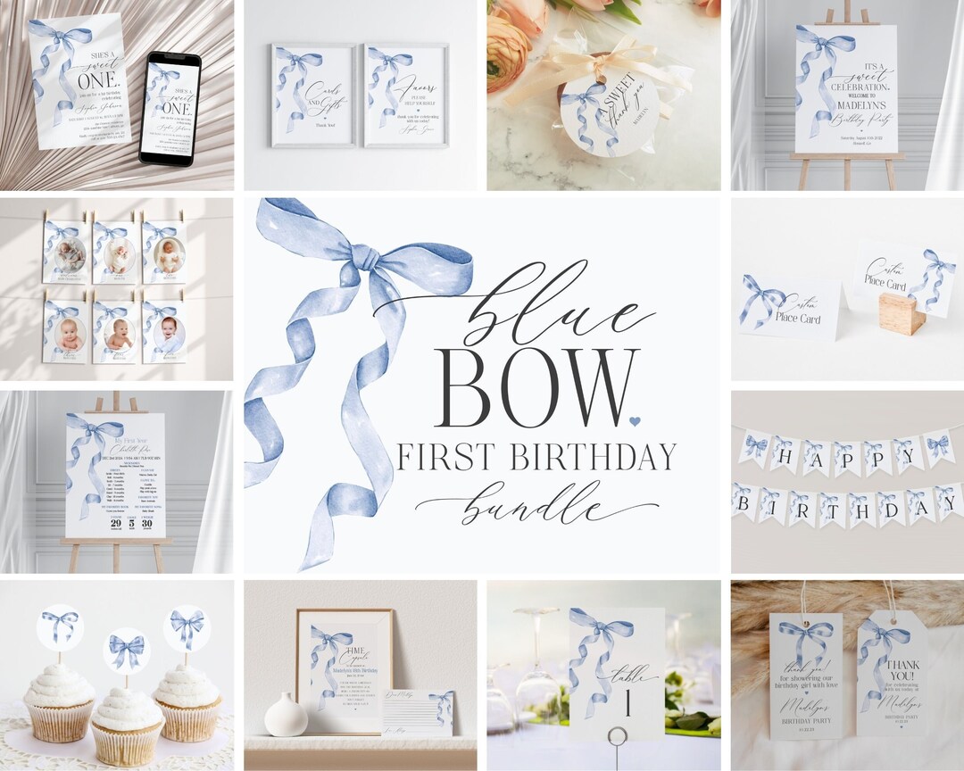 Blue Bow First Birthday Bundle Printable Template, Fancy Coquette Bow ...