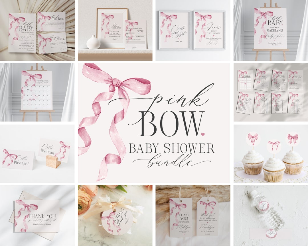 Pink Bow Baby Shower Bundle Printable Template, Watercolor Preppy ...