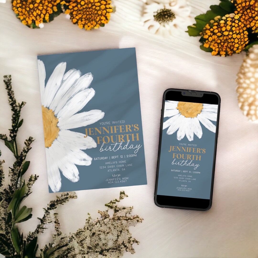 Navy Blue Daisy Birthday Invitation Template, Instant Download Our ...