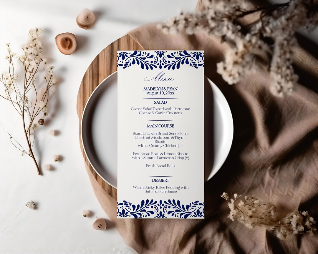 Blue Talavera Printable Wedding Menu Template, Spanish Tile Bridal ...
