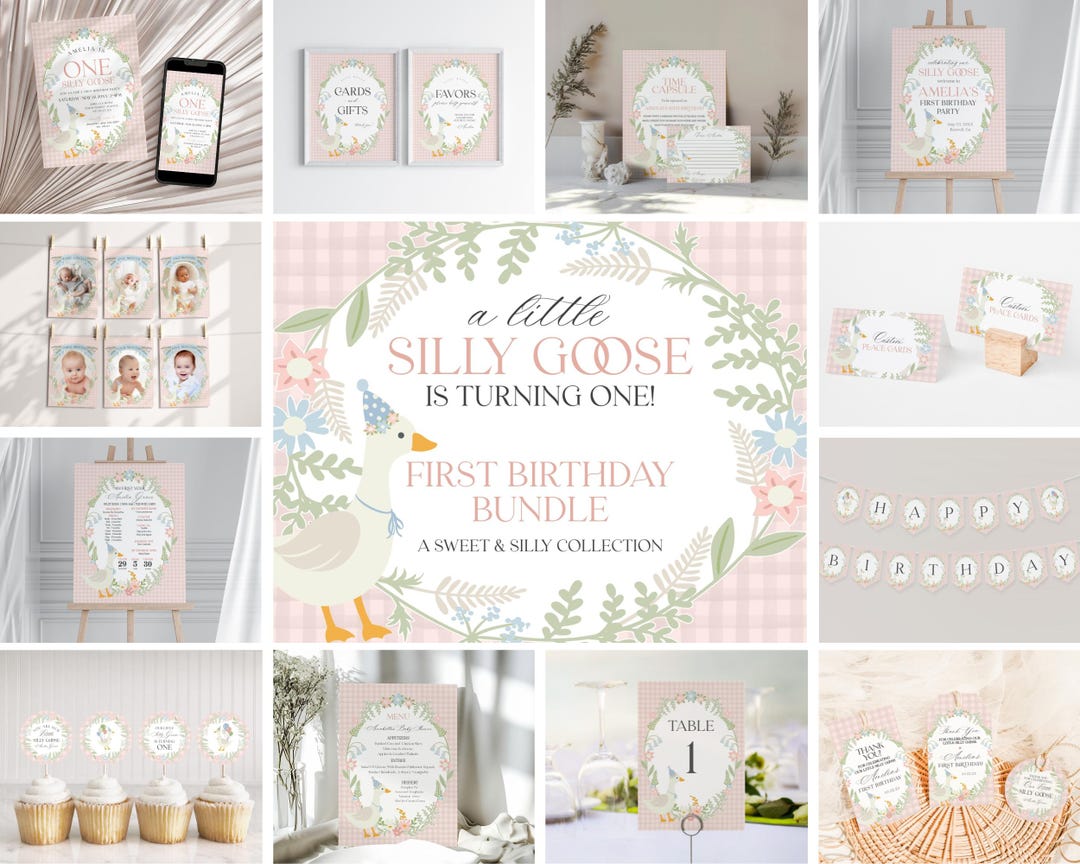Pink Floral Silly Goose First Birthday Bundle Printable Template ...