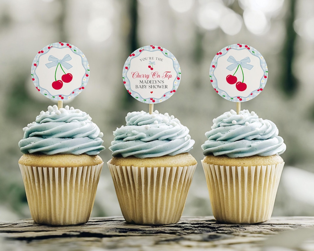 Blue Cherry Gingham Cupcake Toppers Printable, Cherry on Top Baby ...